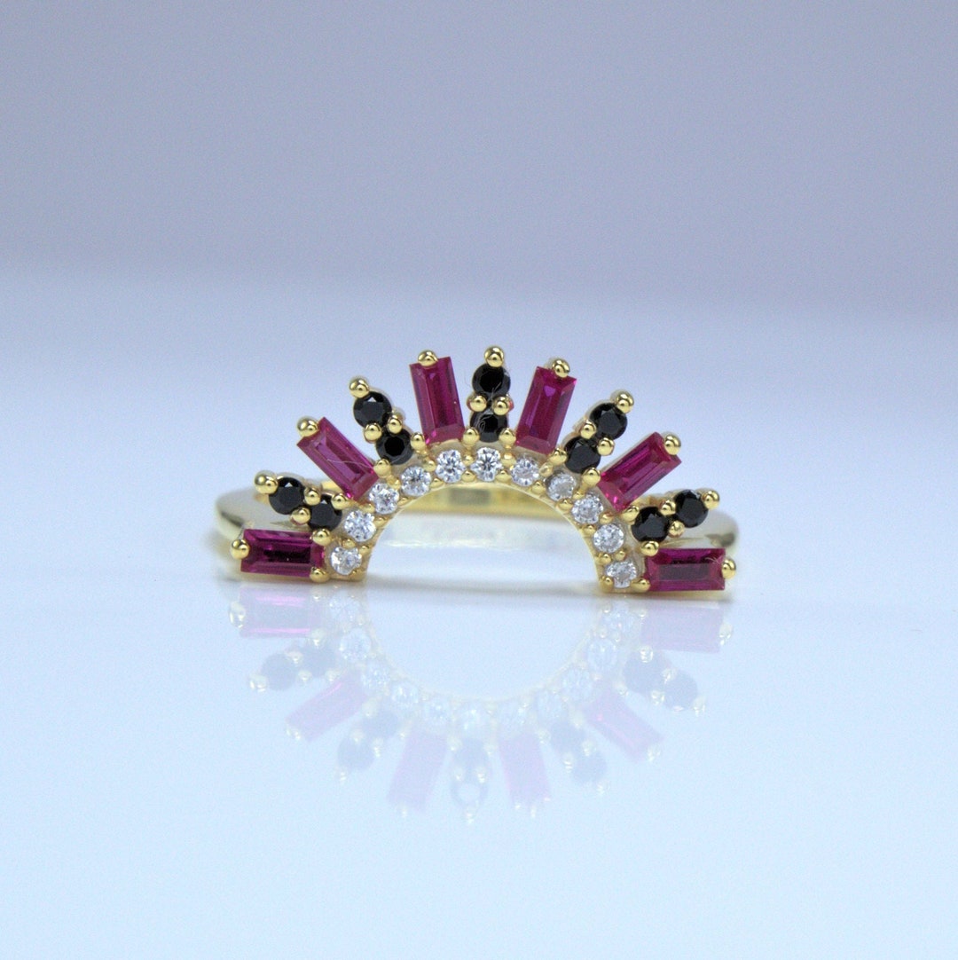 925 Starling Silver Antique Curved Ruby Wedding Ring Matching Band ...