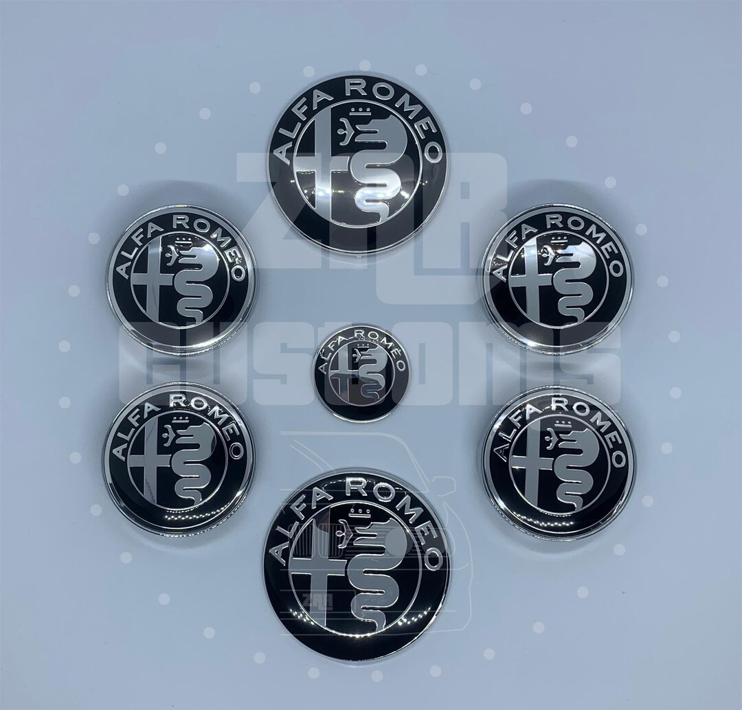 Alfa Romeo Gloss Black Silver Emblem Badge 7pcs Set With Wheel Cap for ...