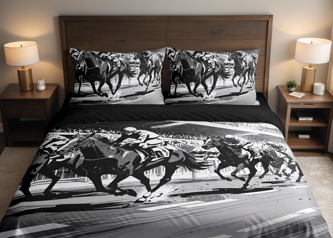 Horse Racing Jockeys Race Track Beautiful Image Duvet Cover / 2 Pillows ...
