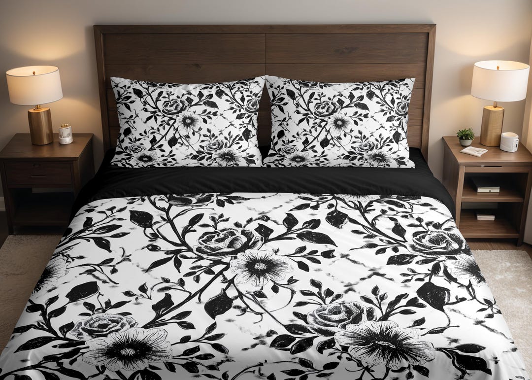 Black and White Vintage Flower and Vines Art Duvet Cover & Pillowcase ...