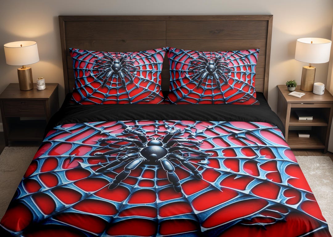Tarantula in Red Spider Web Pattern Duvet Cover/2 Pillows Case Bed Set ...