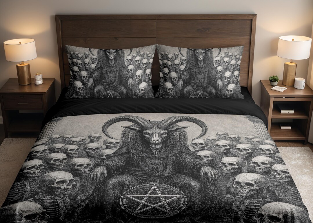 Occult Demonic Baphomet Horns Skeleton Duvet Cover / 2 Pillows Case Bed ...