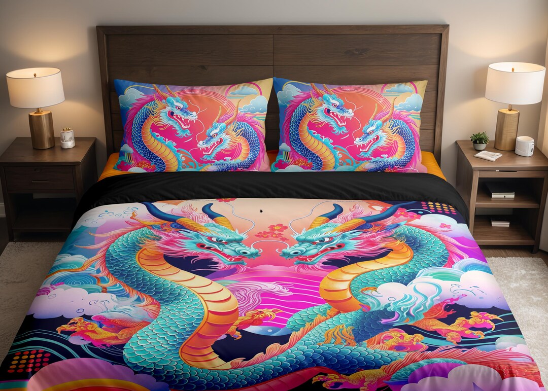 Japanese Art Double Colourful Dragons in Clouds 3 Piece Duvet Bedding ...