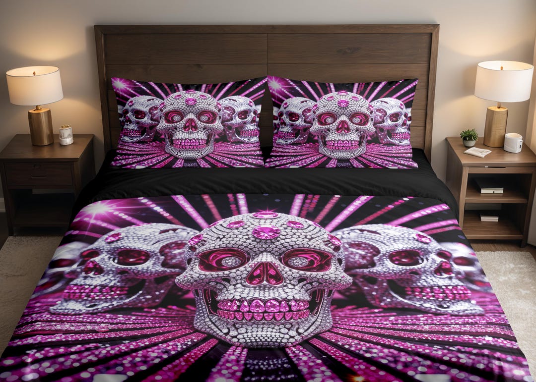 Hot Pink Bling Skulls Art Duvet Cover & Pillowcase Bed Set (twin,double ...