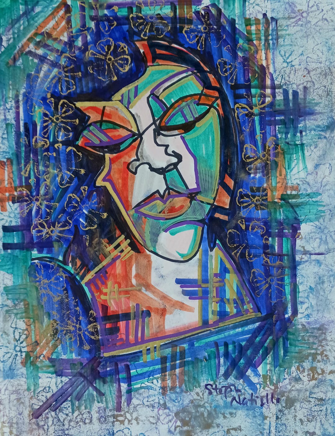9"×12" Original Mixed Media Abstract Blind Contour Portrait Drawing - Etsy