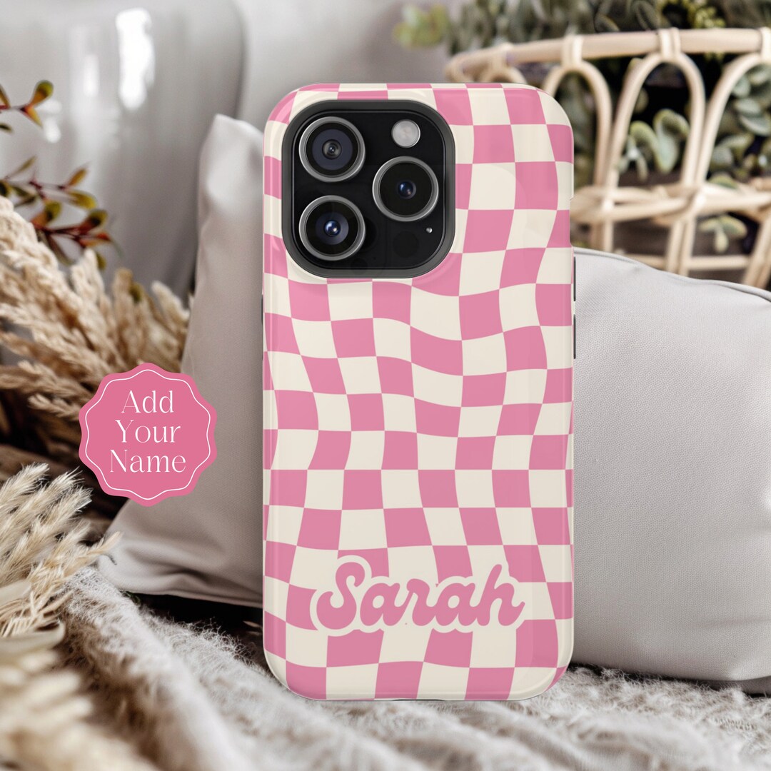Personalized Coquette Aesthetic Phone Case, Cute Pink Checkered Phone ...