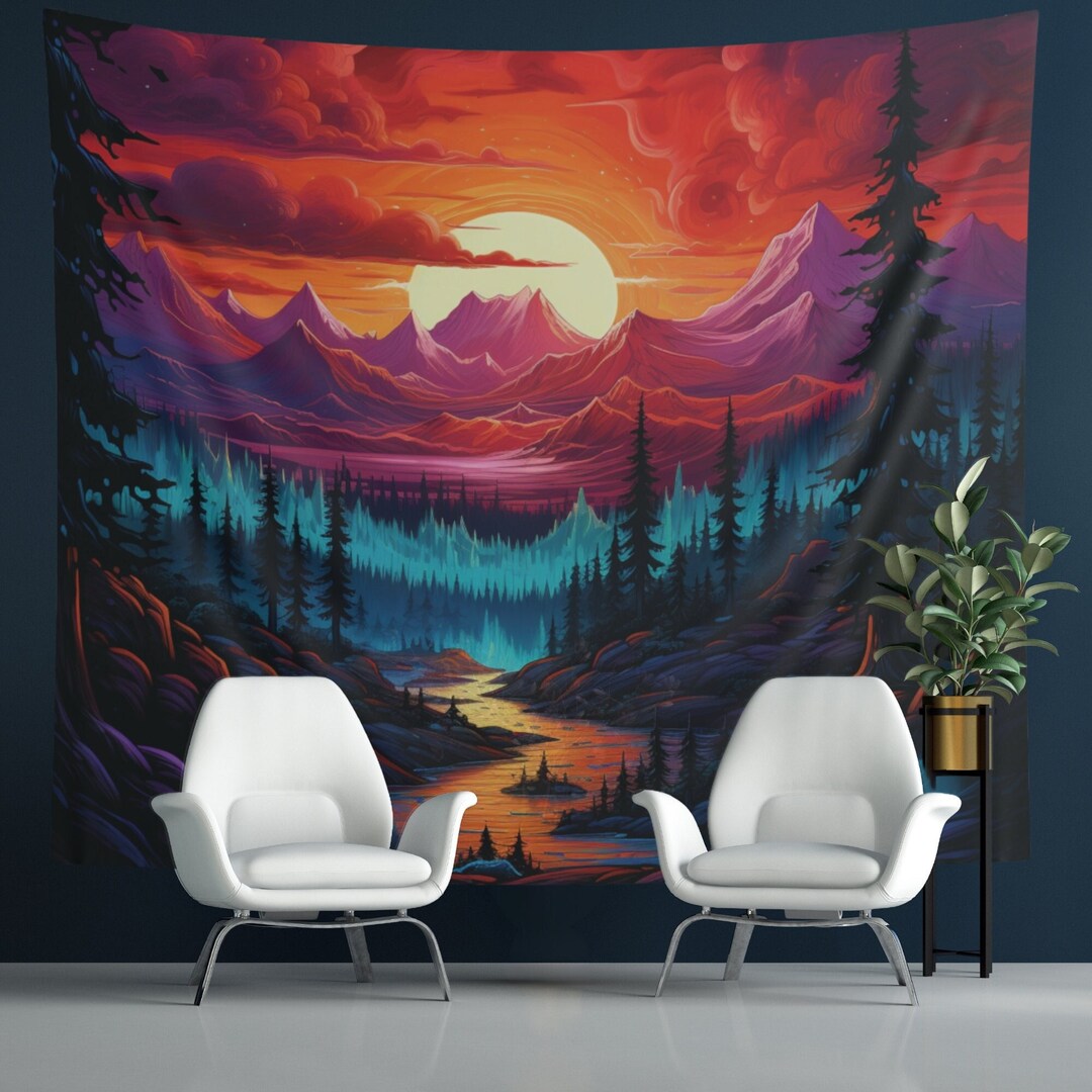 Aesthetic Mountain Wall Tapestry, Colorful Wall Art, Psychedelic ...