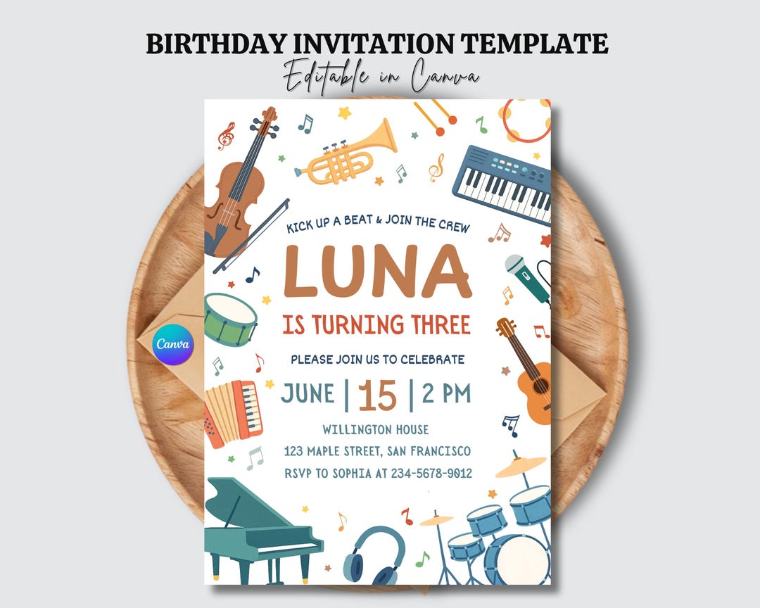 Editable Music Birthday Invitation | Musical Instruments Party Invite ...