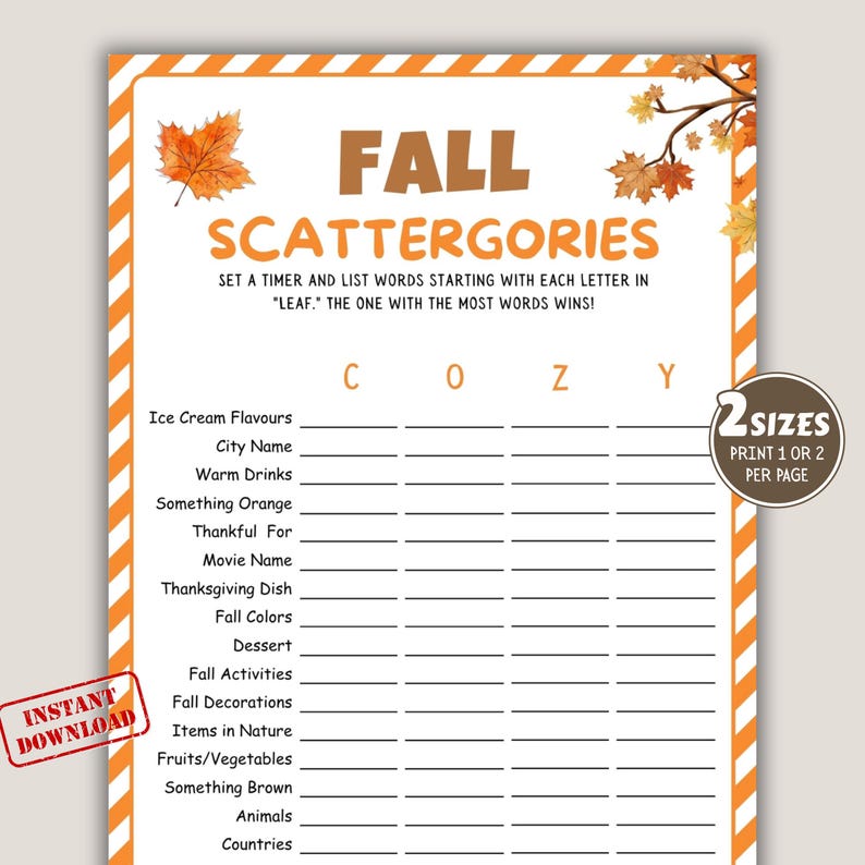 Fall Scattergories Game Bundle, Thanksgiving Party Activity (printable ...