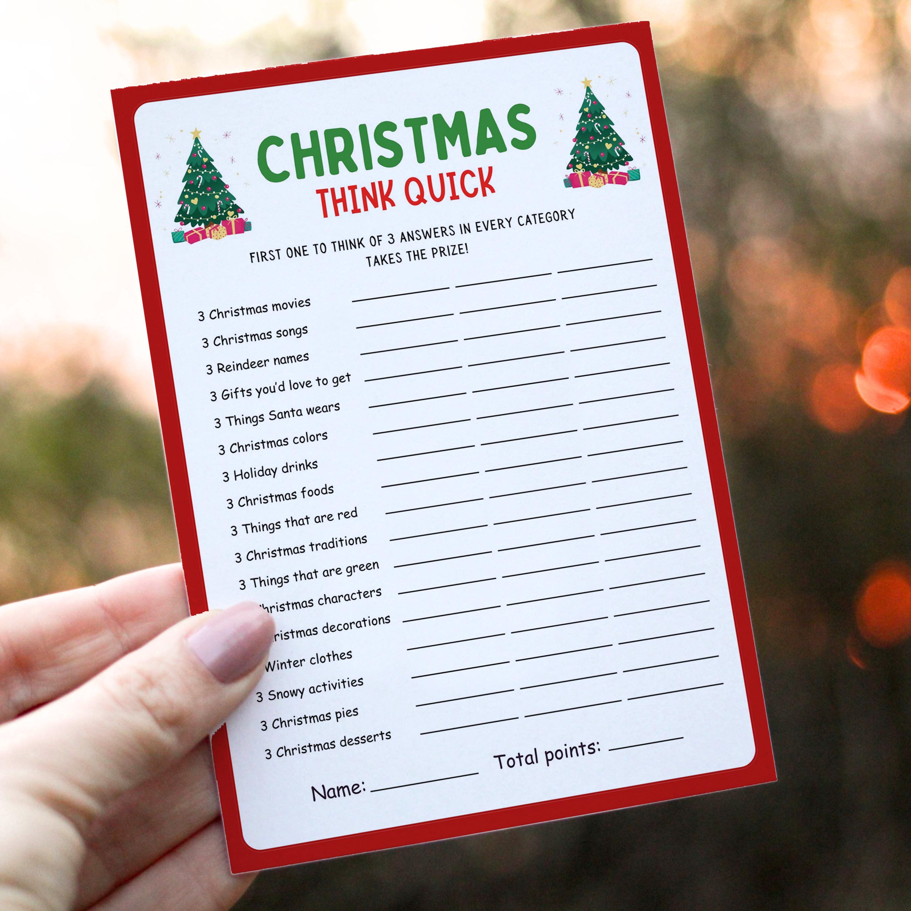Christmas Think Quick Game Printable, Fun Holiday Party Icebreaker ...