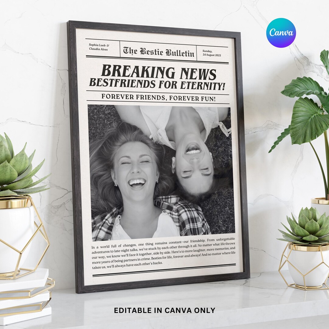 Retro Newspaper Best Friends Print | Personalized Bestie Gift (digital ...