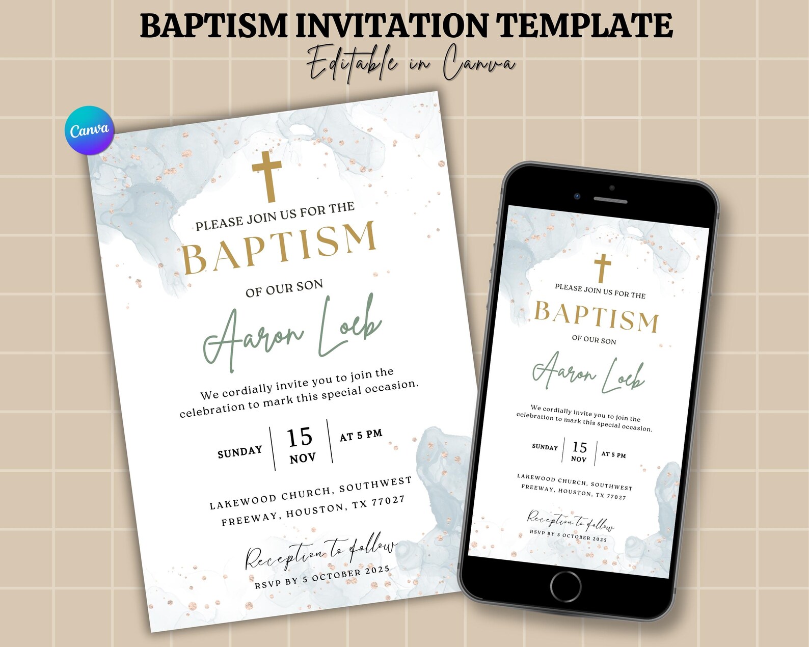 Modern Blue Christening Invitation Template | Editable Boy Baptism ...