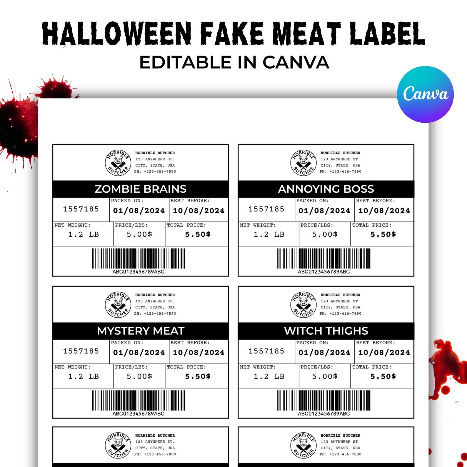 Funny Fake Meat Label Template: Printable Halloween Butcher Prop ...