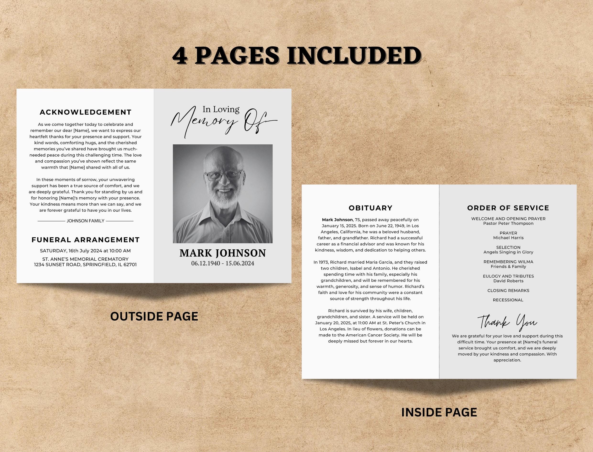 Minimalist Funeral Program Template | Editable Memorial Service & Order ...