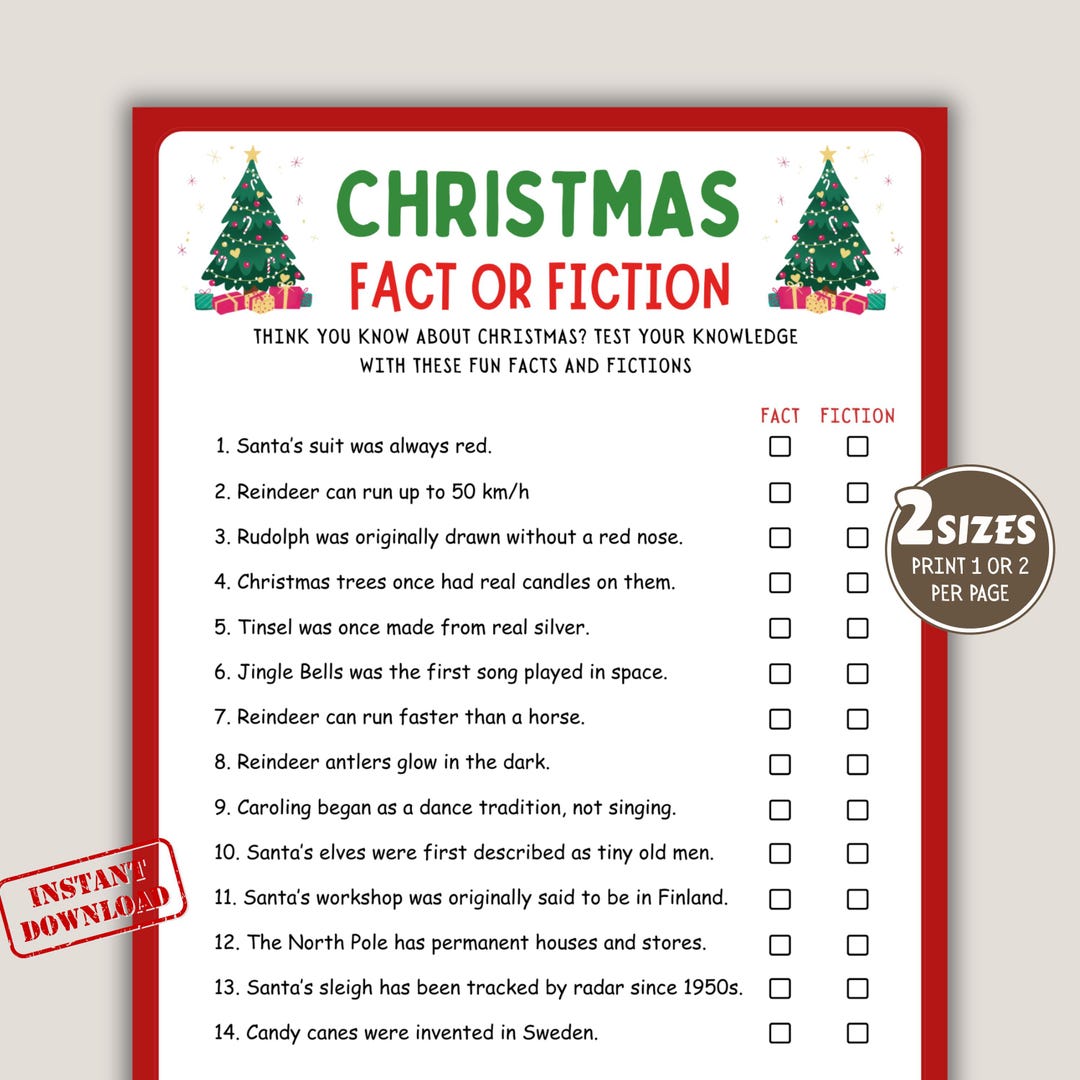 Christmas Fact or Fiction Game Printable, Holiday Party Trivia, Office ...