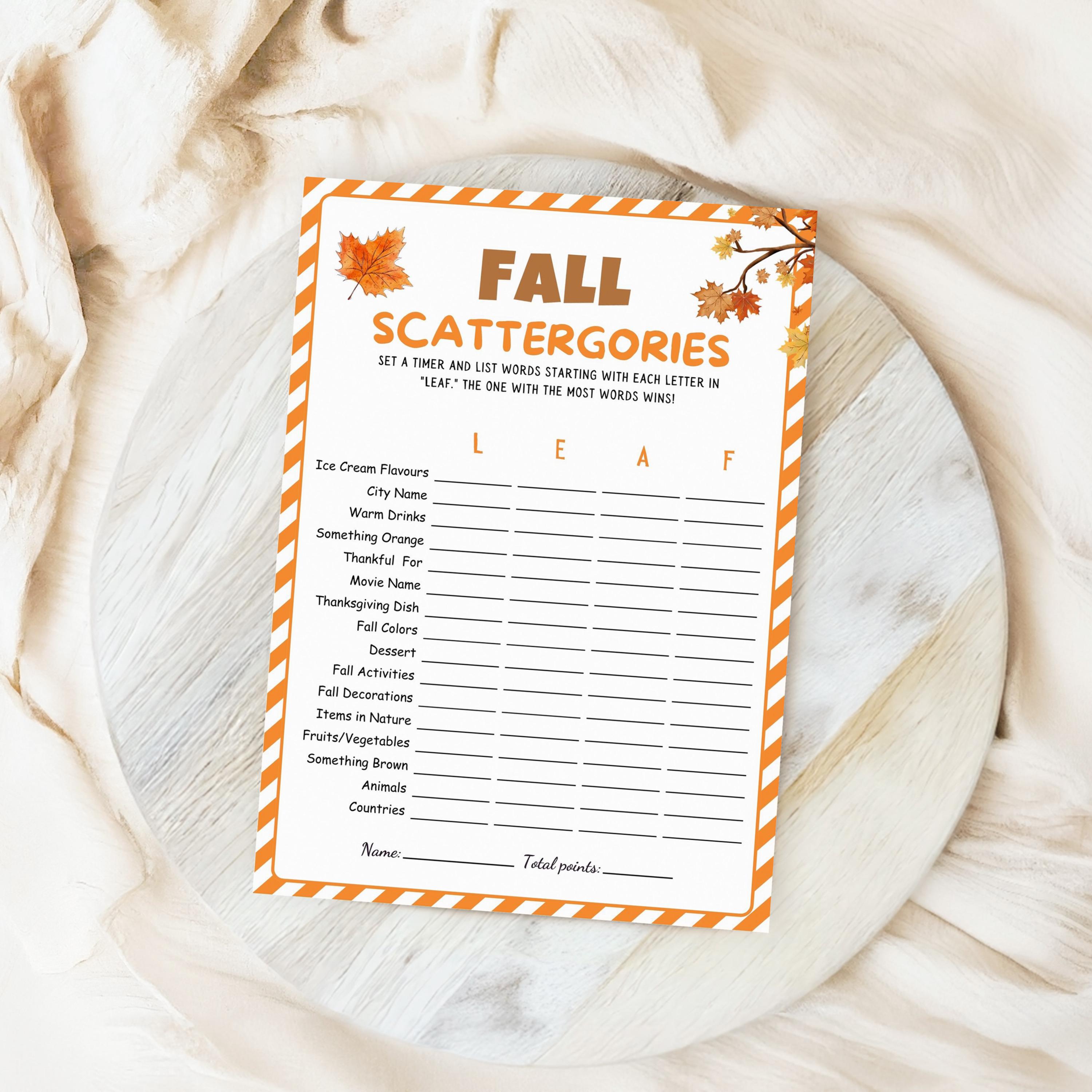 Fall Scattergories Game Bundle, Printable Autumn Party Games ...