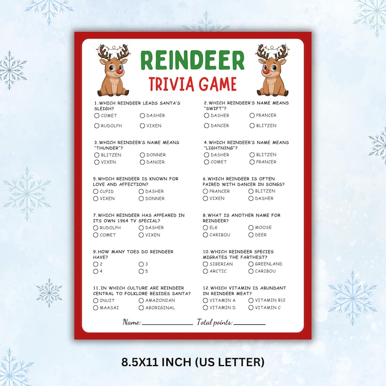 Reindeer Trivia Game Printable | Fun Christmas Quiz for Kids & Adults ...