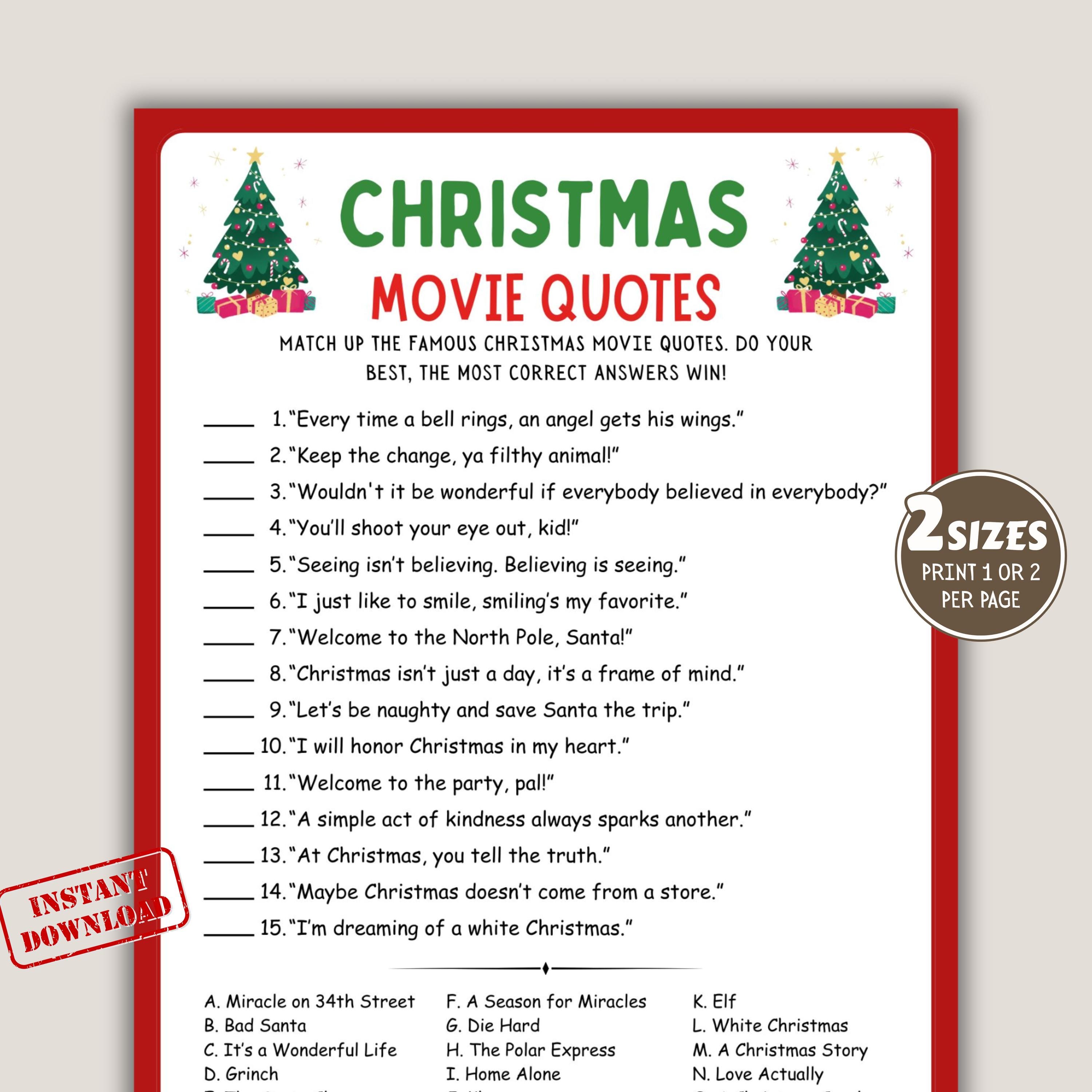 Christmas Movie Quote Trivia Game | Xmas Movie Quote Match | Printable ...