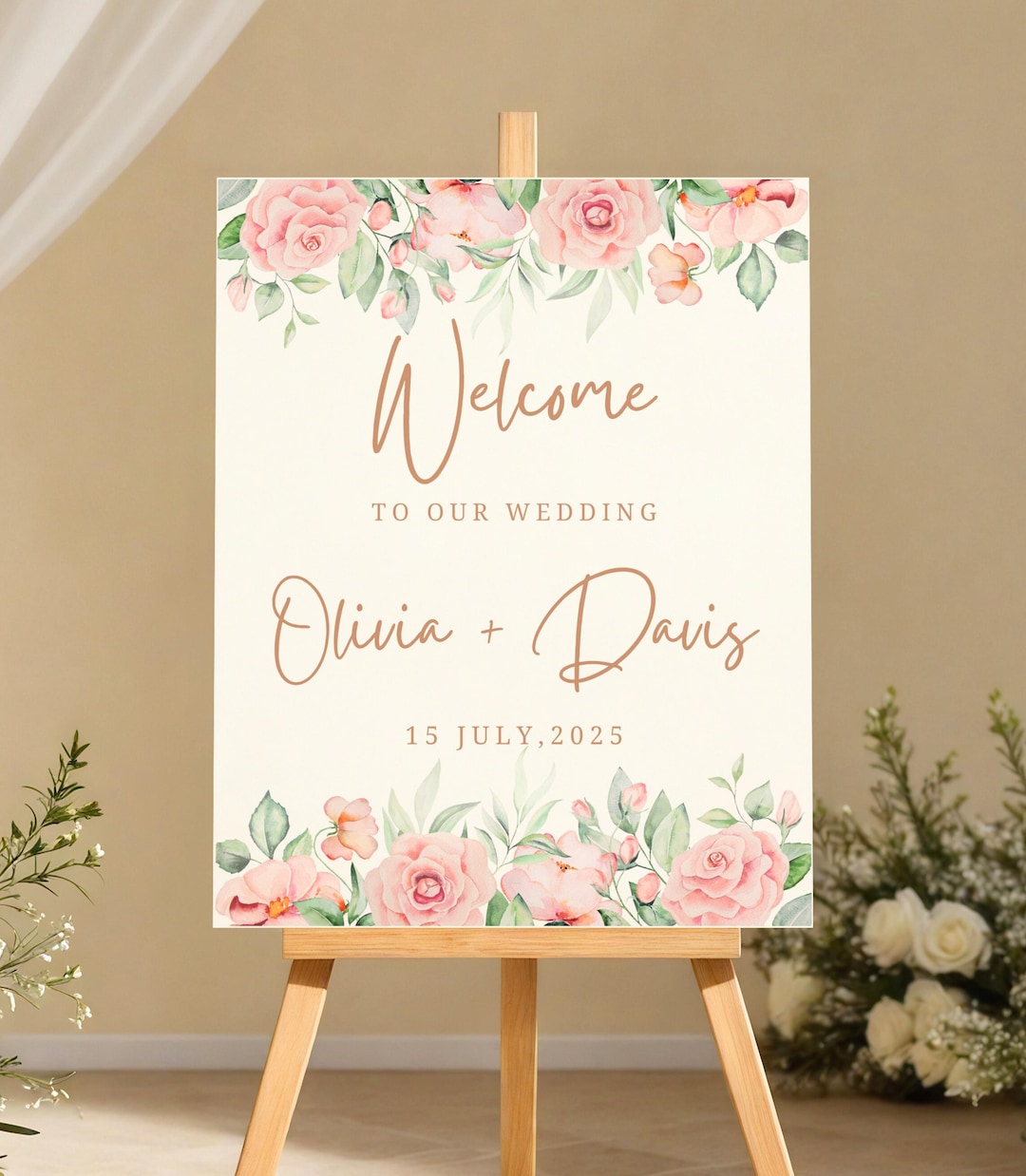 Blush Pink Wedding Welcome Sign – Editable Floral Rose Template – Soft ...