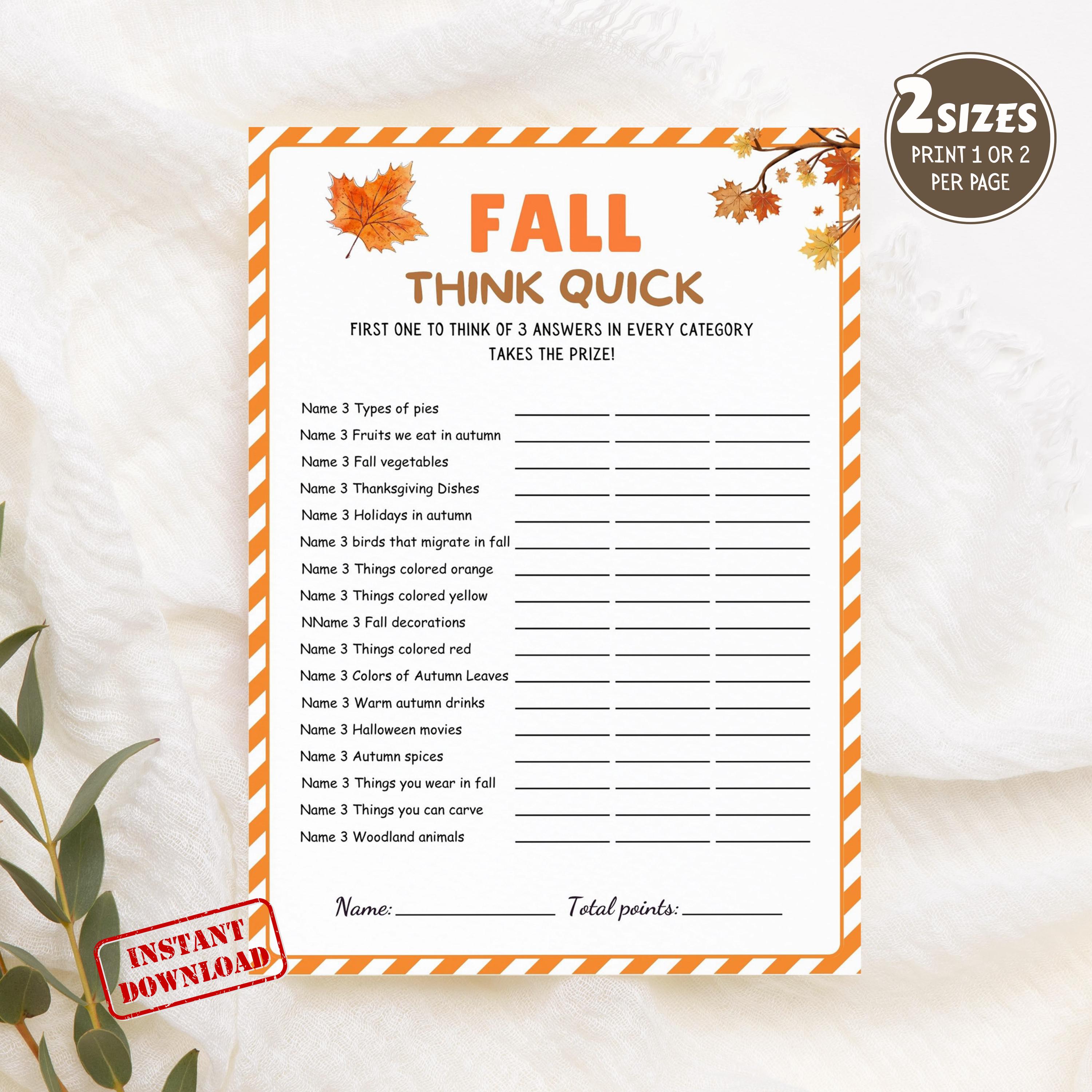Fall Think Fast Game | Printable Fall Trivia | Autumn Party Game ...