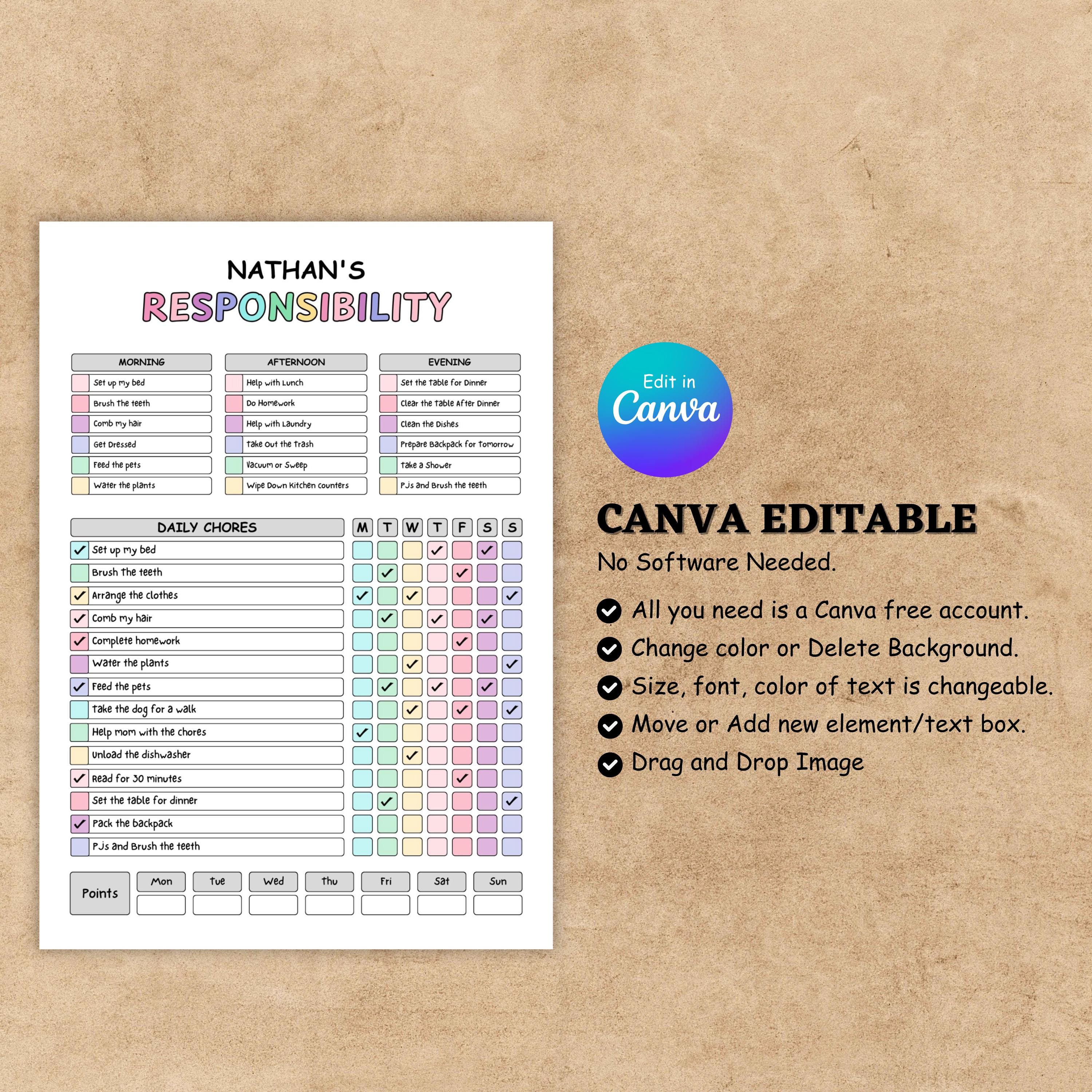 Editable Responsibility Chore Chart for Kids | Printable Daily Weekly ...