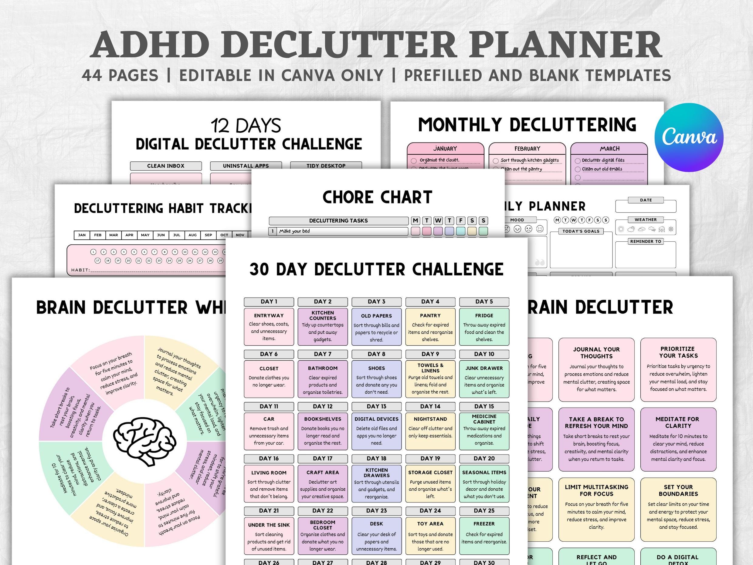 ADHD Declutter Planner | Home Organization Checklist & Workbook ...