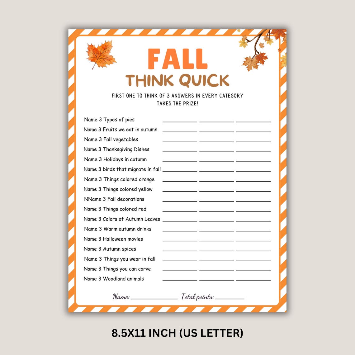 Fall Trivia Game | Think Quick, Autumn Party Activity (instant Download ...