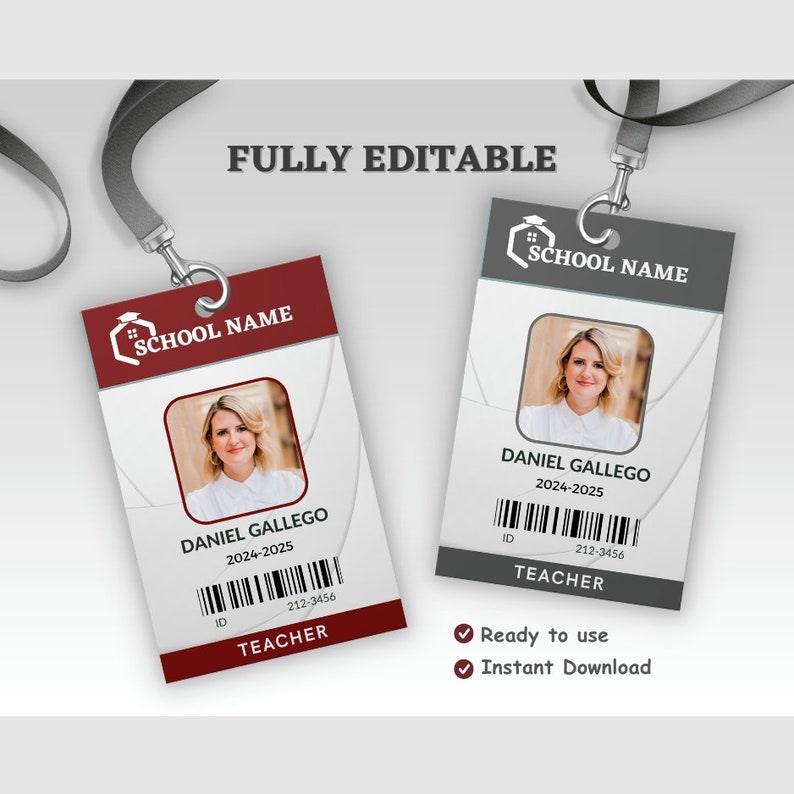 Teacher ID Card Template, Editable School Identity Badge (digital ...