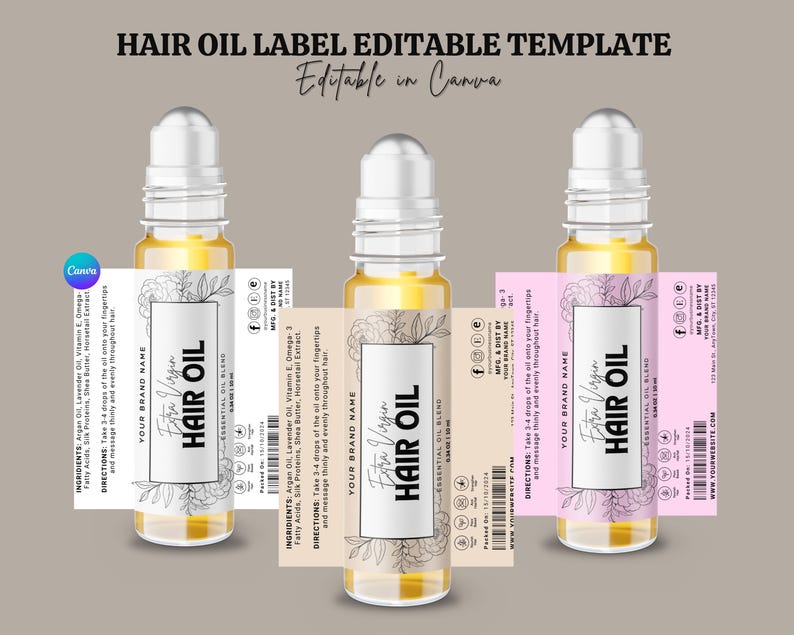 Editable Hair Oil Label Template | Canva DIY Design (digital Download ...