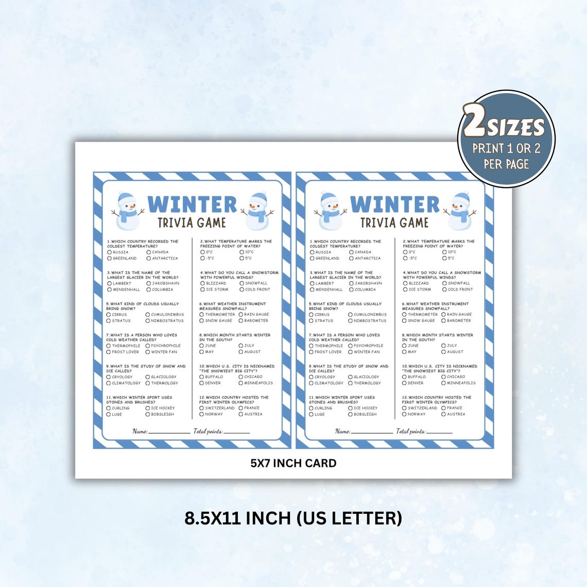Winter Trivia Game Printable | Fun Winter Games for Adults and Kids ...