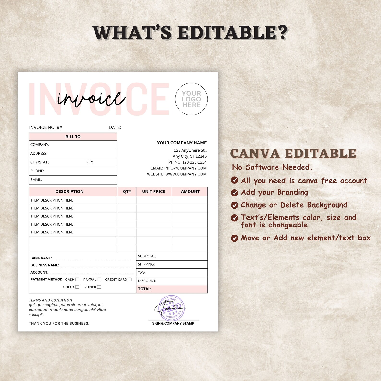 Invoice Template Editable, Small Business Custom Order Form Printable ...
