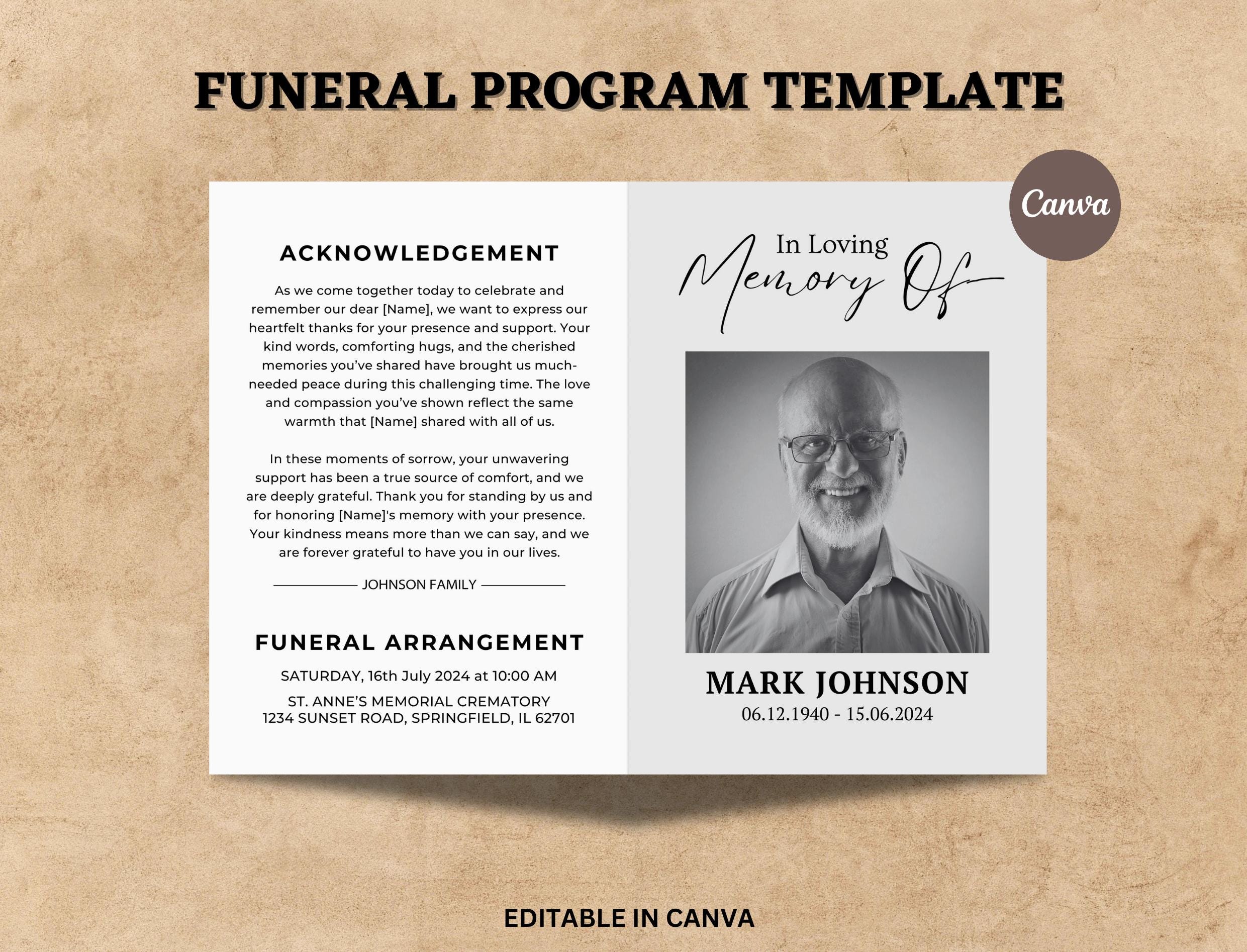 Minimalist Funeral Program Template | Editable Memorial Service & Order ...