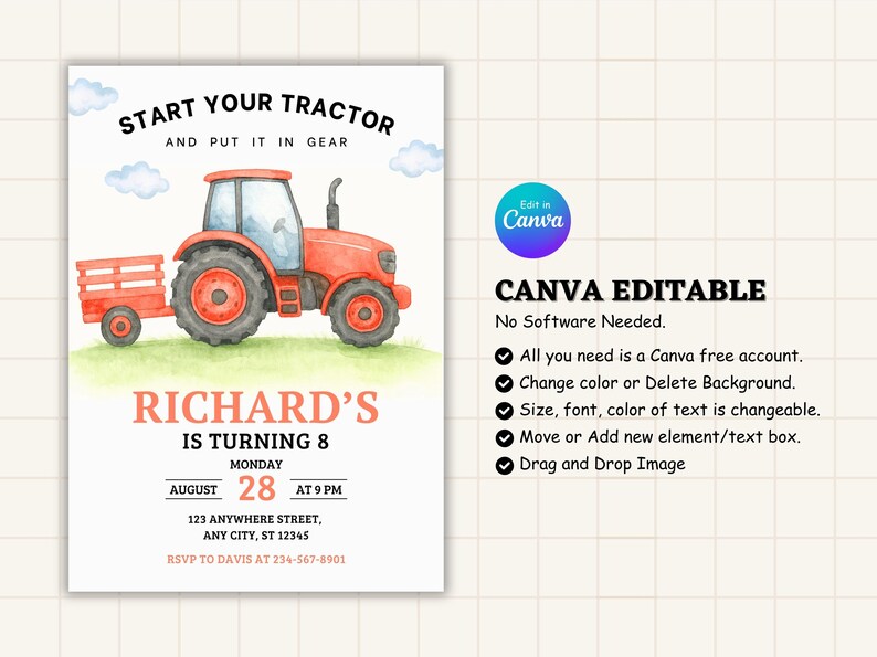 Editable Green Tractor Birthday Invitation Farm Theme Party Invite for ...