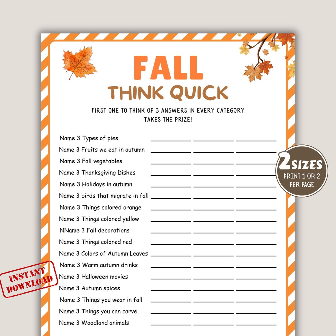 Fall Think Fast Game | Printable Fall Trivia | Autumn Party Game ...