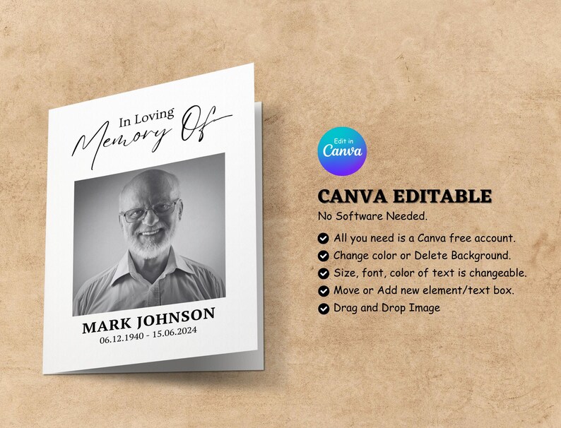 Minimalist Funeral Program Template | Editable Memorial Service & Order ...