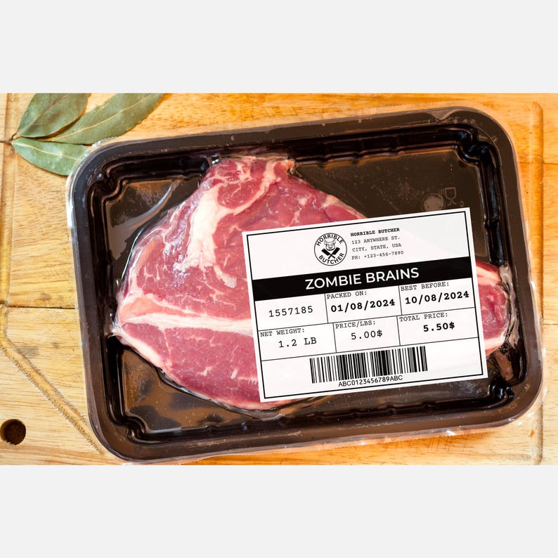 Funny Fake Meat Label Template: Printable Halloween Butcher Prop ...