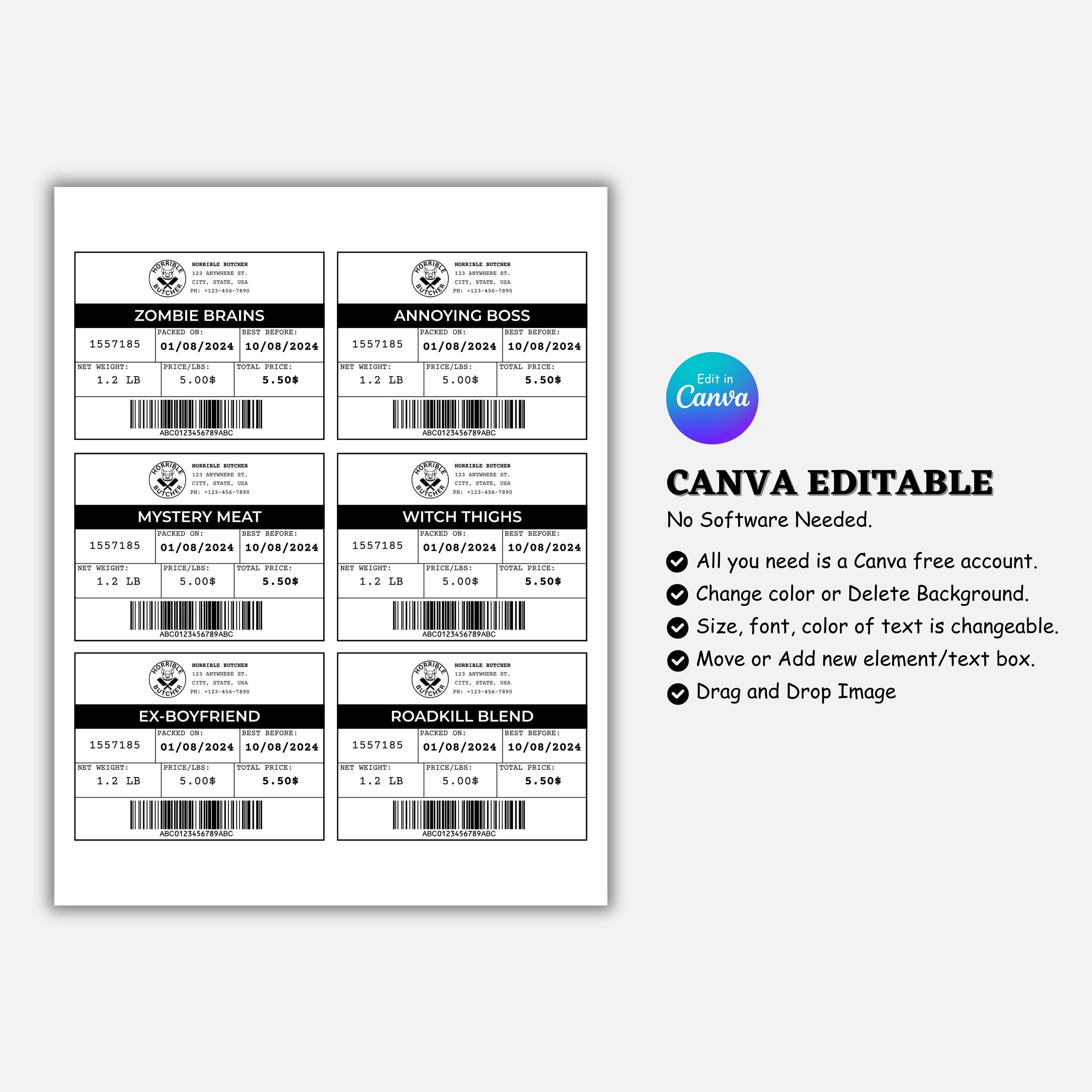 Funny Fake Meat Label Template: Printable Halloween Butcher Prop ...