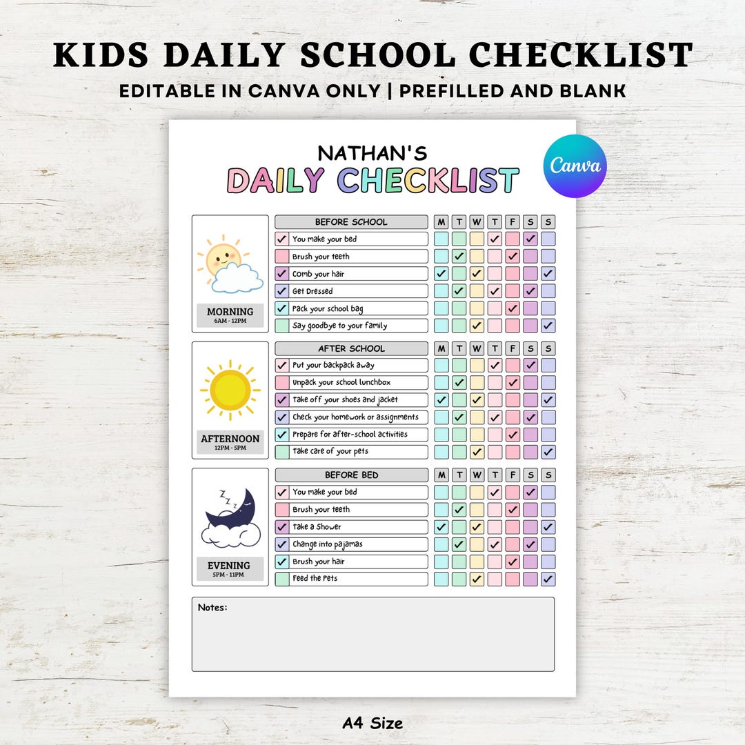 Kids Daily School Checklist | Responsibility Chart To-do List ...