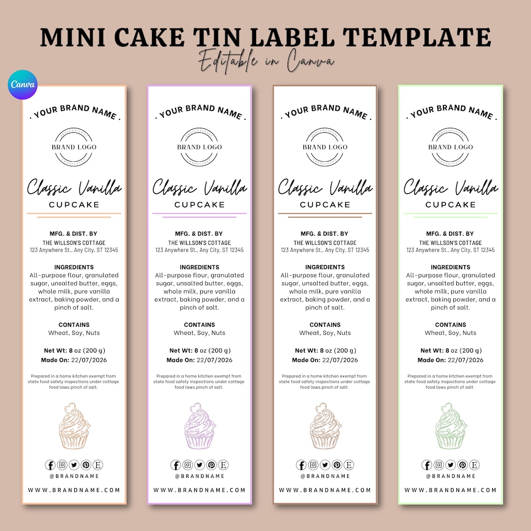 Mini Cake Tin Label Template | Editable Bakery Sticker | Printable Mini ...