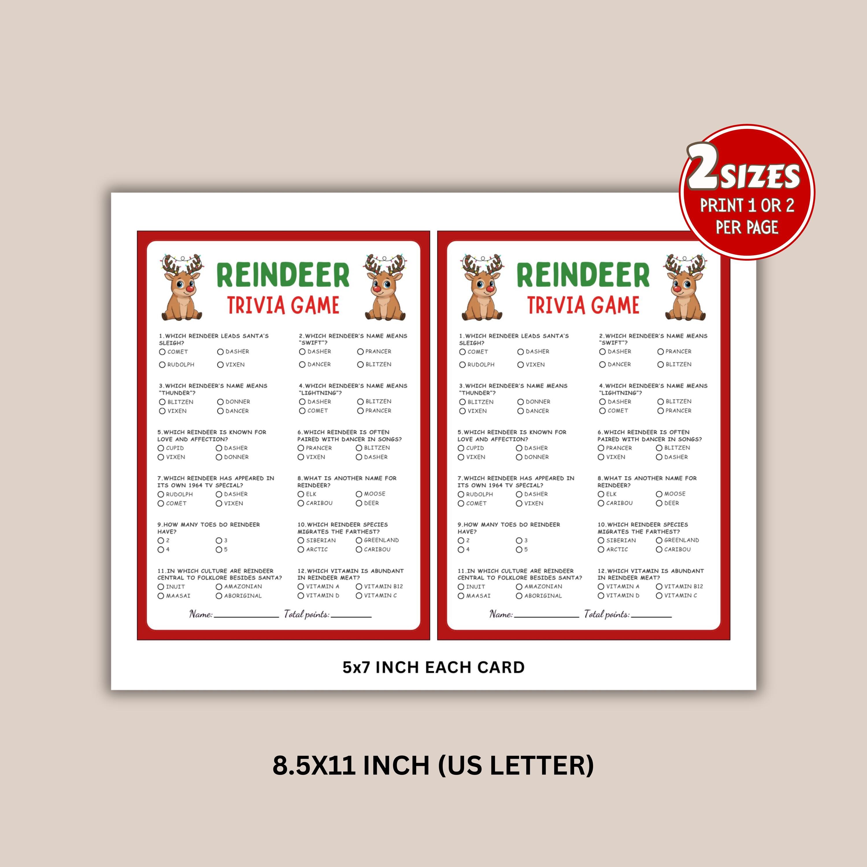 Reindeer Trivia Game Printable | Fun Christmas Quiz for Kids & Adults ...