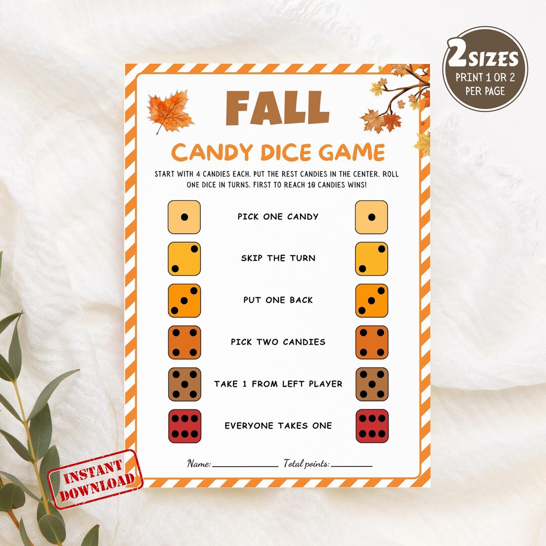 Printable Candy Dice Game, Pass the Candy Fall Party Game, Fun Group ...