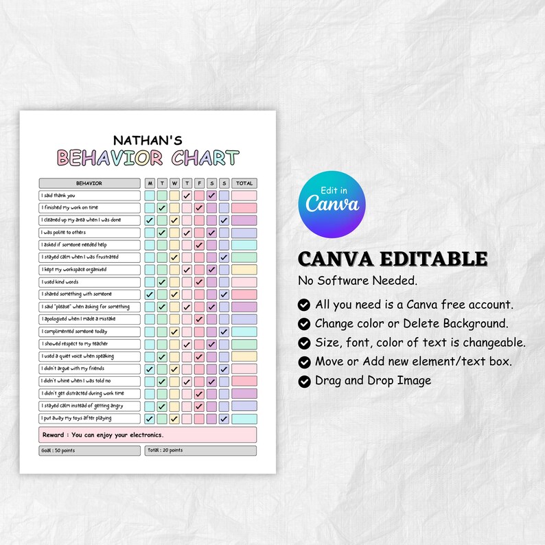 Printable Behavior Reward Chart for Kids | Editable Digital PDF for ...