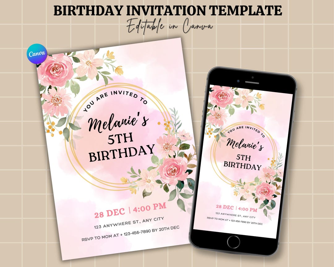 Editable Peony Flower Birthday Invitation Template | Printable ...