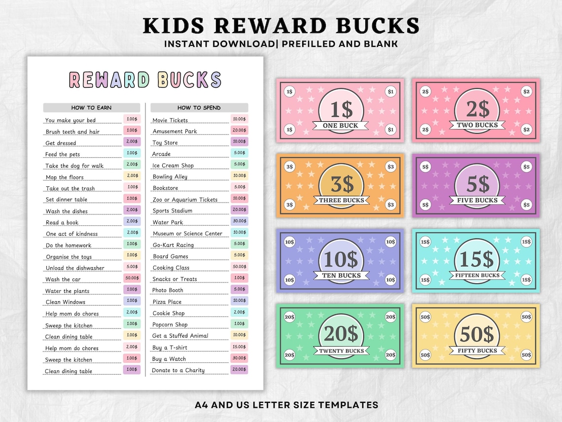 Printable Kids Reward Bucks | Chore Coupons, Good Behavior (digital ...