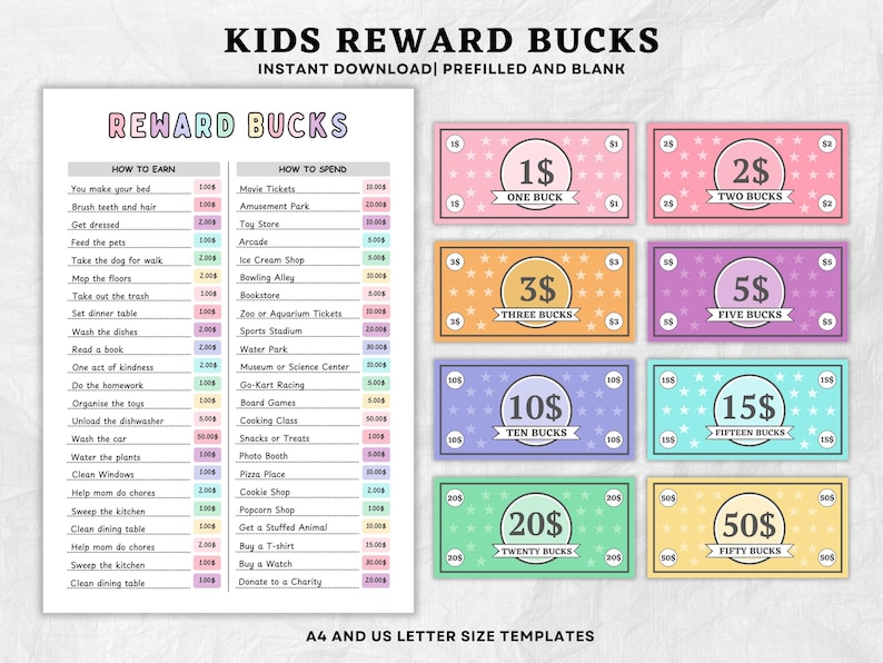 Printable Kids Reward Bucks | Editable Chore Coupons | Mom Bucks & Good ...
