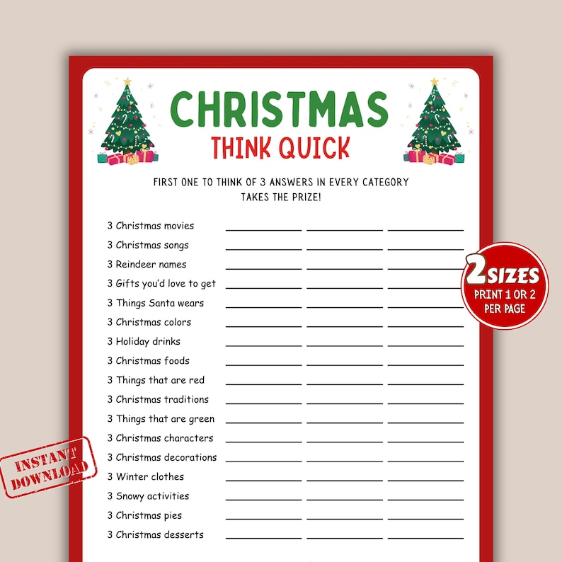 Christmas Think Quick Game, Holiday Icebreaker (digital Download) - Etsy