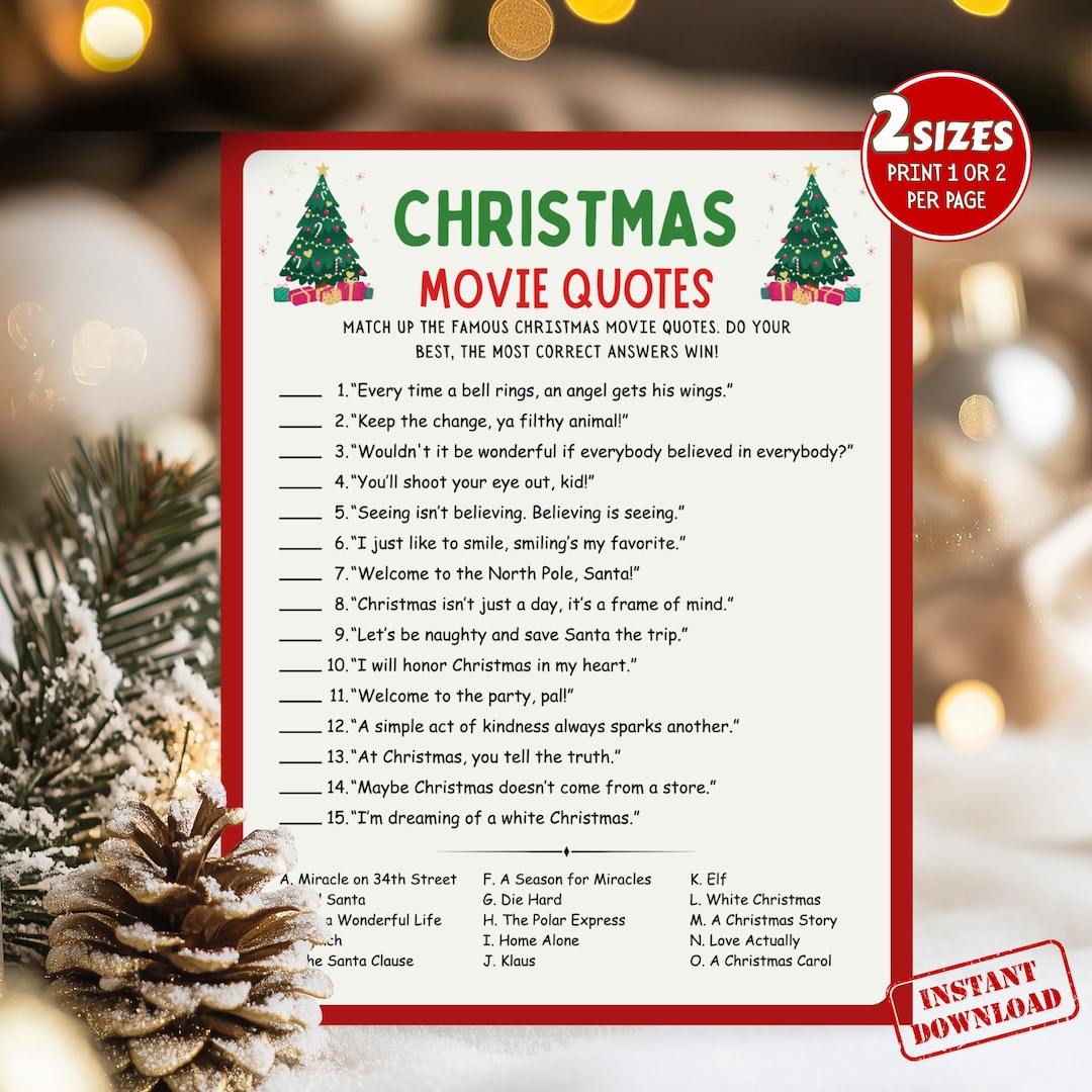 Christmas Movie Quote Trivia Game | Xmas Movie Quote Match | Printable ...