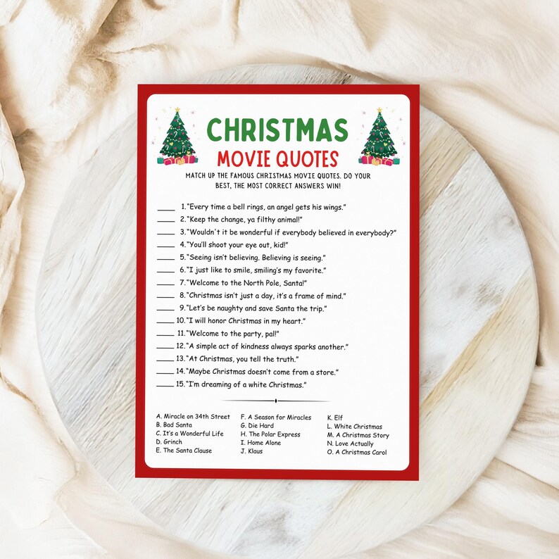 Christmas Movie Quote Trivia Game | Xmas Movie Quote Match | Printable ...