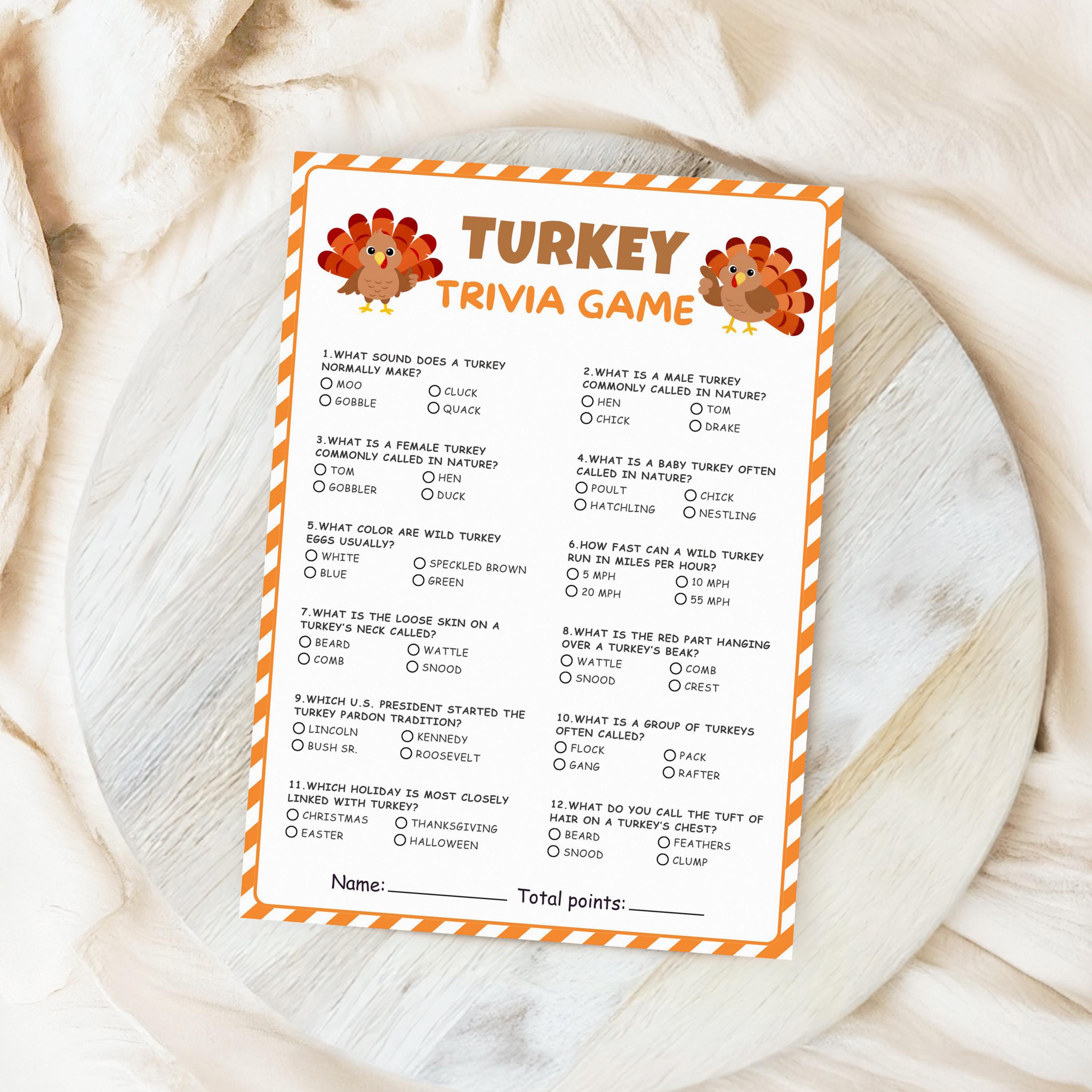 Thanksgiving Turkey Trivia Game, Fall Family Quiz (printable) - Etsy