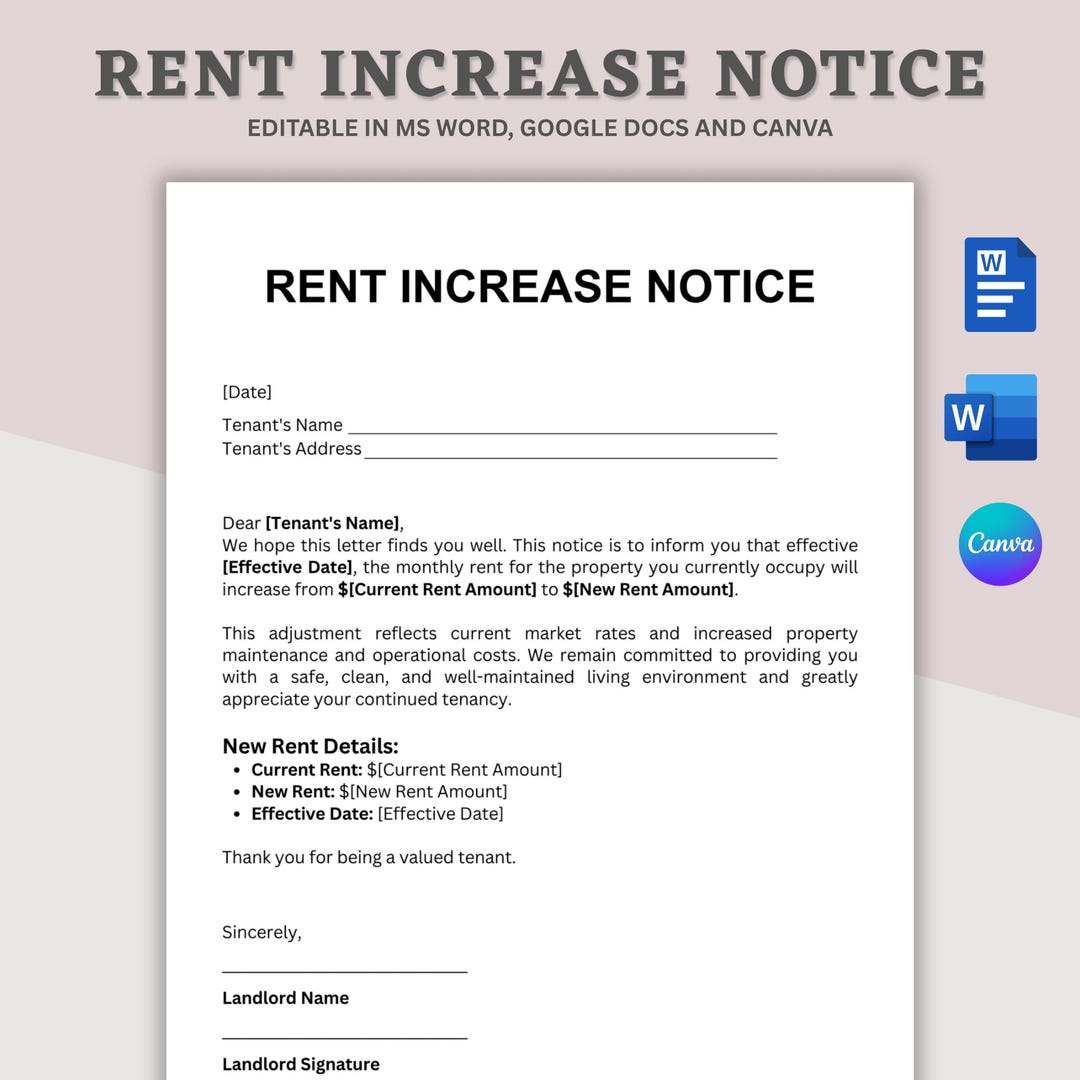 Editable Rent Increase Notice Template – Printable Rent Increase Letter ...